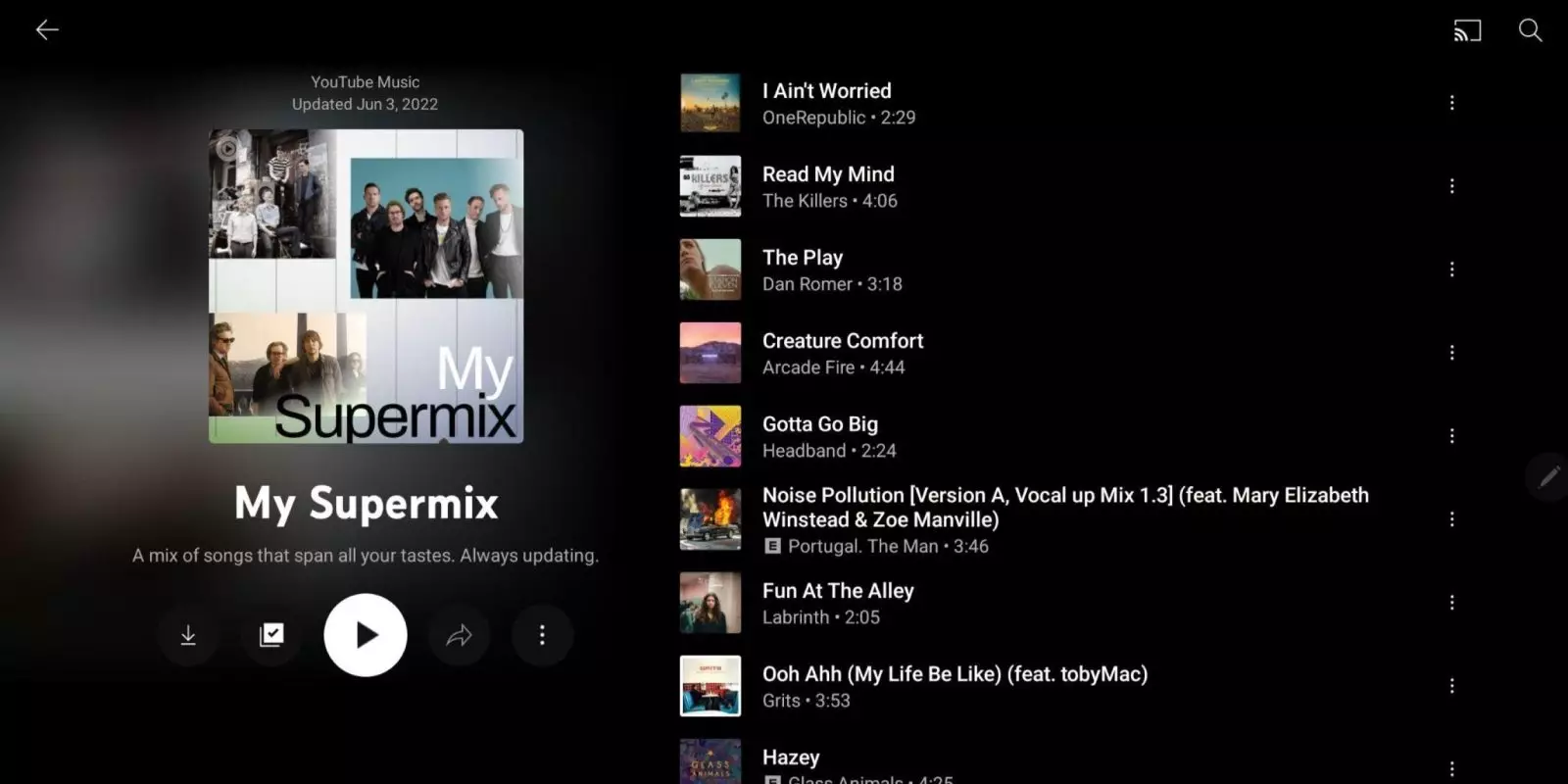 YouTube Music rôlet opnij ûntwerp fan playlist UI op tablets 11200_1