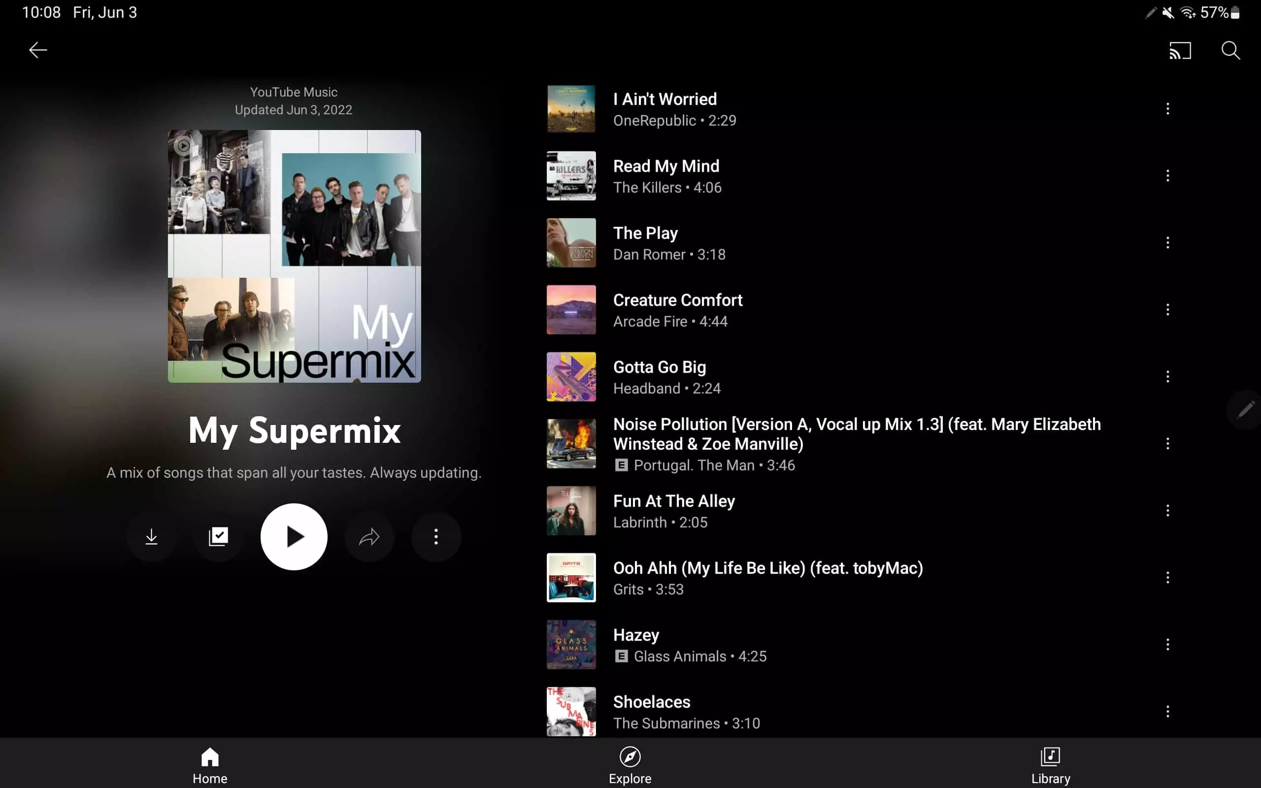 Playlist YouTube Music pro tablet