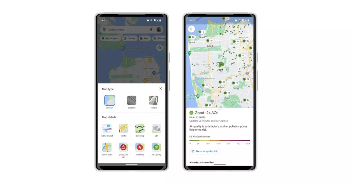 Maapụ Google maka gam akporo, iOS na-egosi ogo ikuku (AQI)