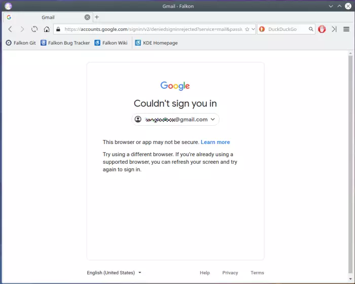 เบราว์เซอร์ falkon บัญชี Google ถูกบล็อก