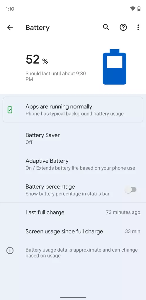 Page de la batterie des paramètres Android 12