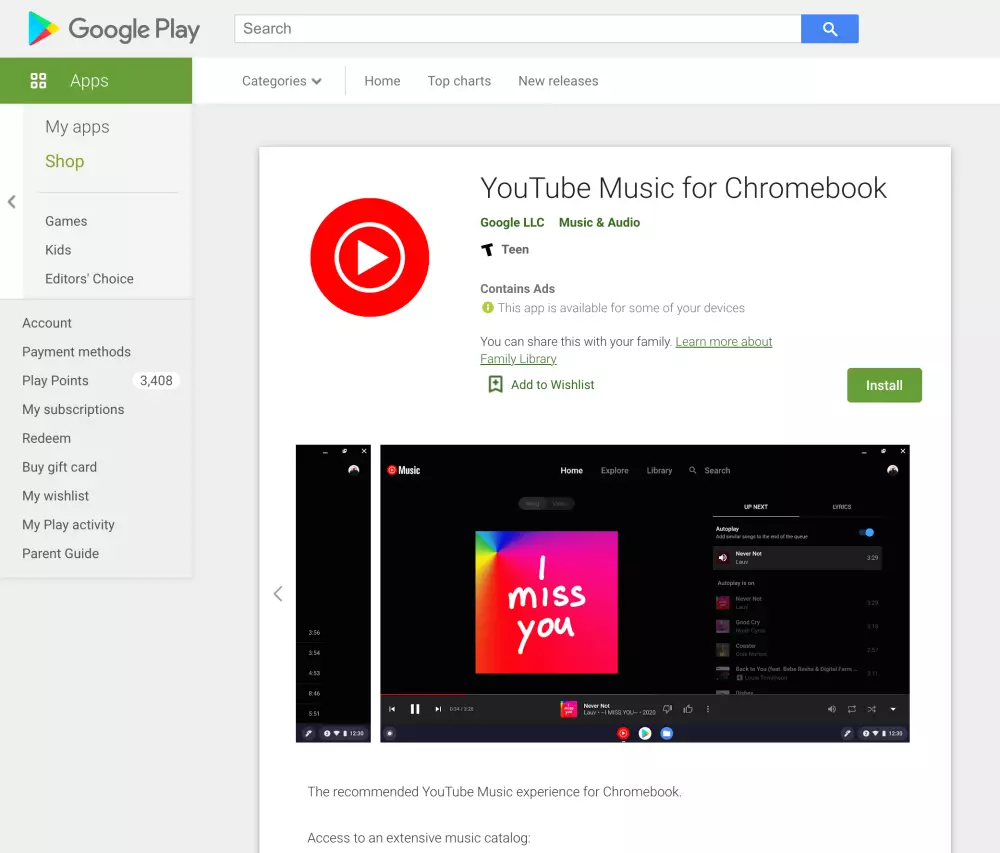 YouTube Music ለ Chromebook PWA በፕሌይ ስቶር ላይ ተለቋል 16077_2