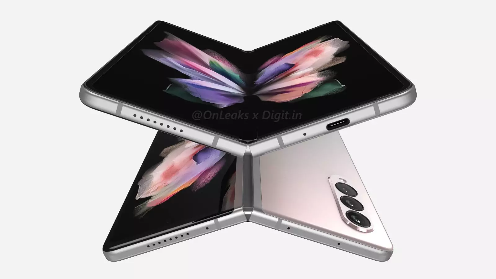 Samsung Galaxy Z Fold 3 renderētājs perlamutra sudrabā