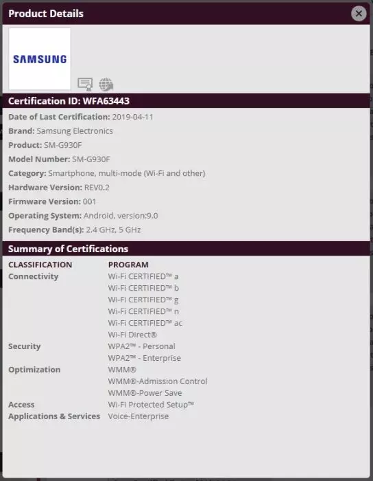 Galaxy S7 Android Pie Takaddun shaida Wi-Fi