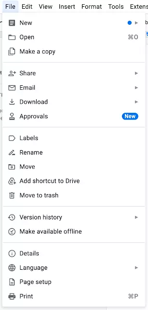 Menu Google Docs