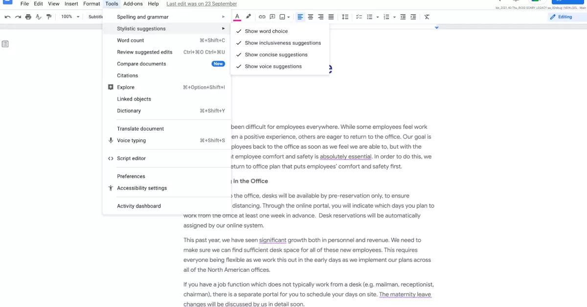 Google Docs 'දම් පාට යටි ඉරි' මෝස්තර යෝජනා ඉදිරිපත් කරයි