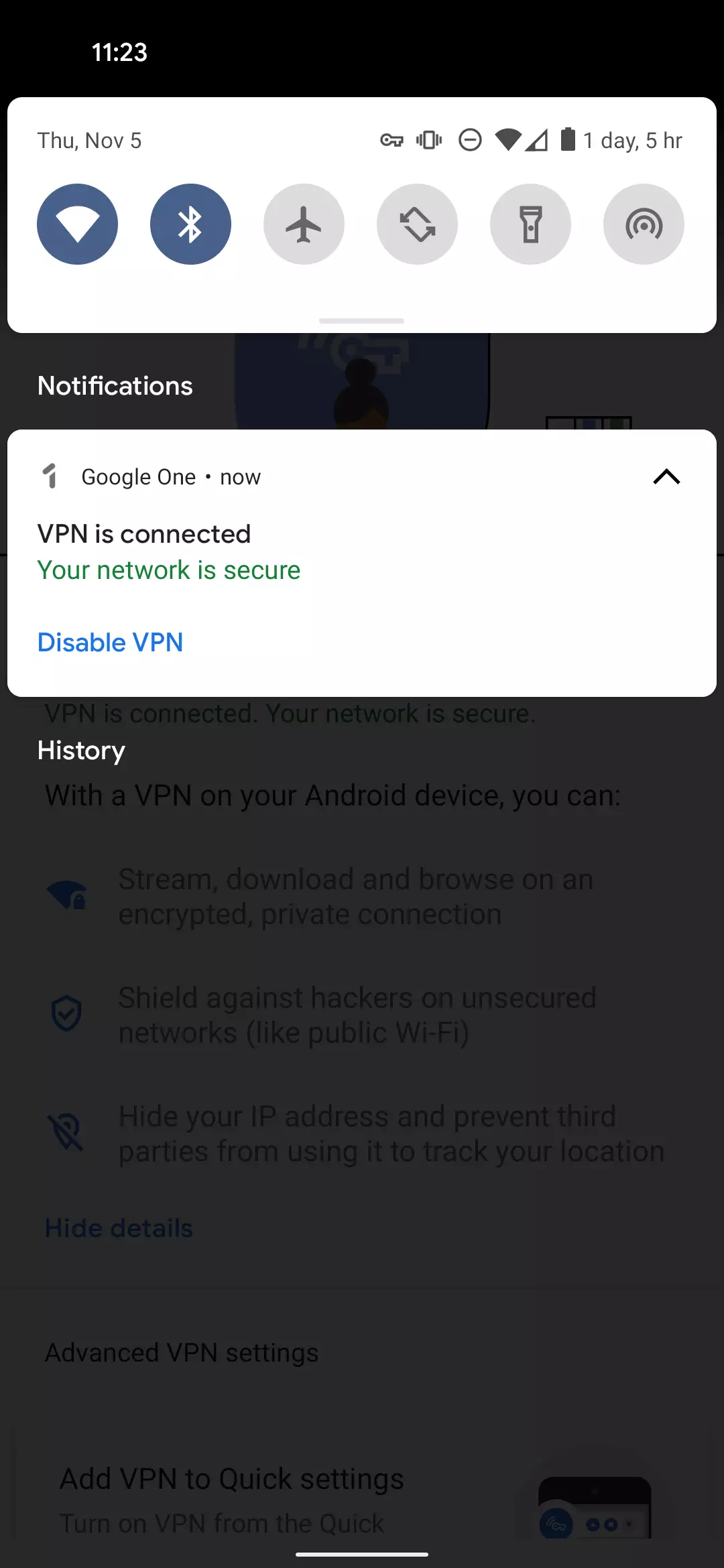 Chidziwitso cha VPN cha Google One Android