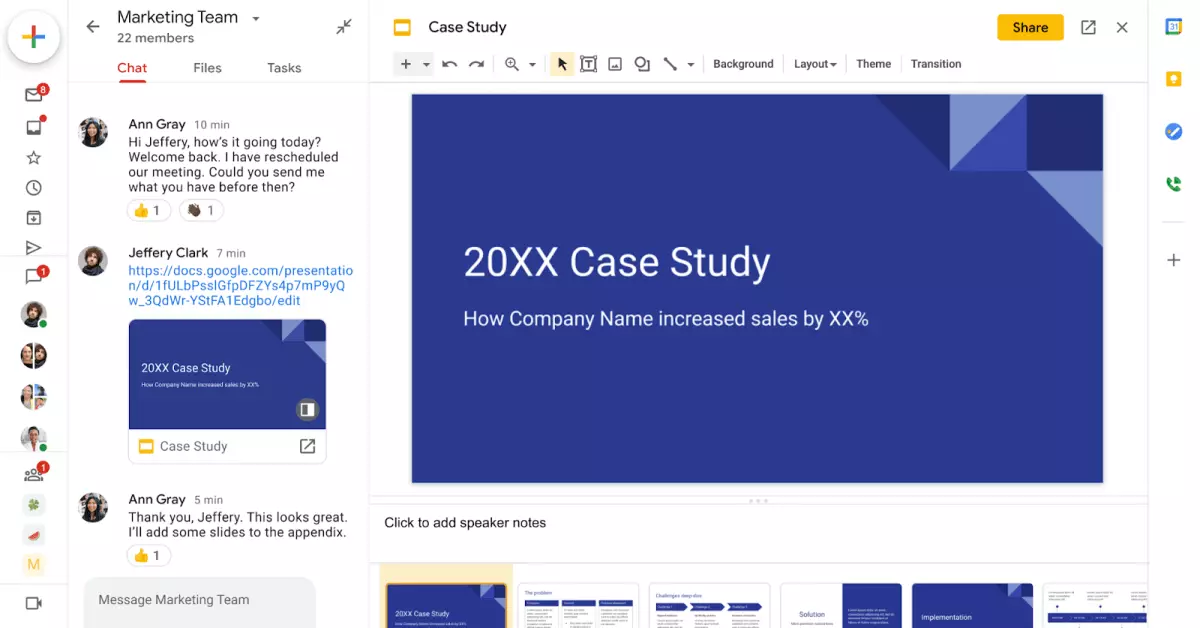 ດຽວນີ້ Gmail ຮອງຮັບການແກ້ໄຂ Google Slides ແບບຂ້າງຄຽງ Chat