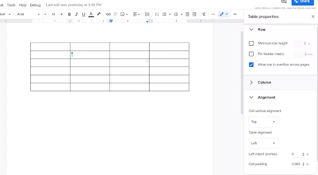 Google Docs tùy chỉnh bảng