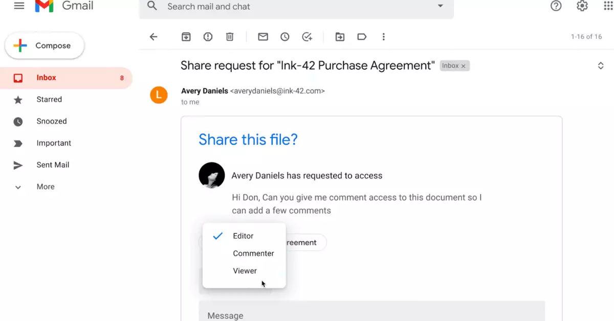 Google Drive dinamik e-postaları, Gmail'de erişim izni vermenizi sağlar