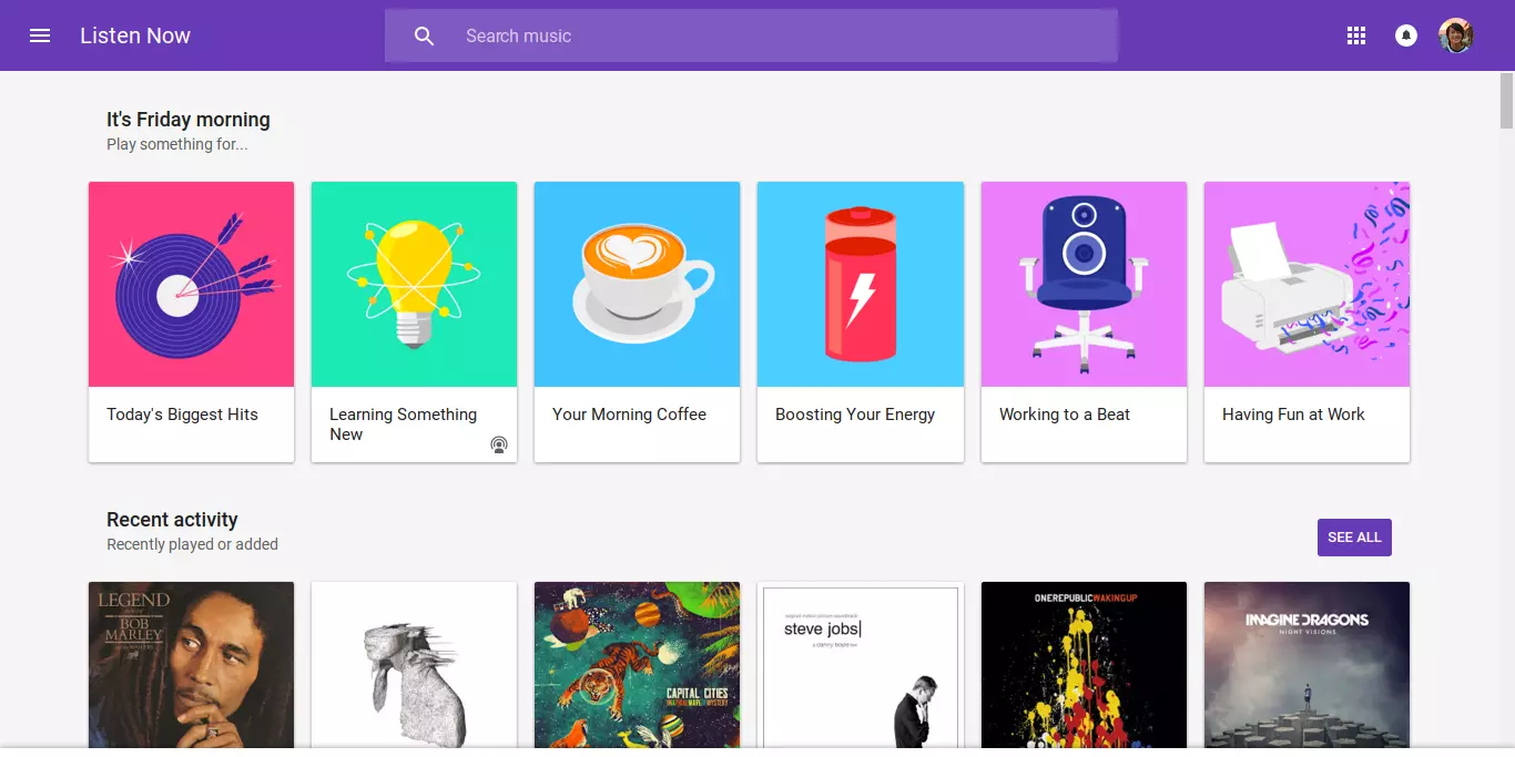 Google Play Music күлгін түсті, Android қолданбасы жаңа іздеу жолағын сынау арқылы Ханзаданы құрметтейді 30833_1