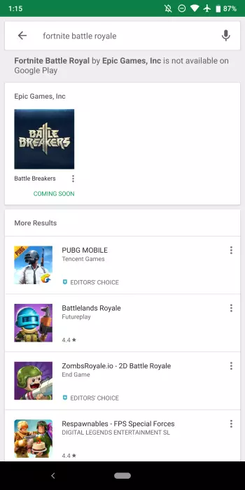 Google Play tau lees paub tias Fortnite tsis nyob hauv Play Store 32951_3