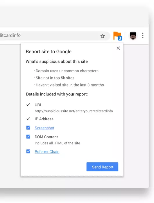 Chrome bætir við villandi vefslóðviðvörunum, Suspicious Site Reporter viðbótinni 35104_3