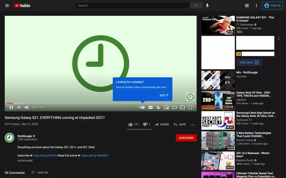 Интернеттегі YouTube бейне ойнатқыштағы автоматты ойнатуды басқару элементтерін тексереді 53231_2
