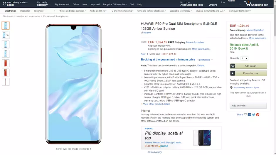 Prisiau Huawei P30 Pro Amazon