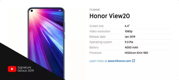 Honor View 20 YouTube Signature -laitteen tiedot