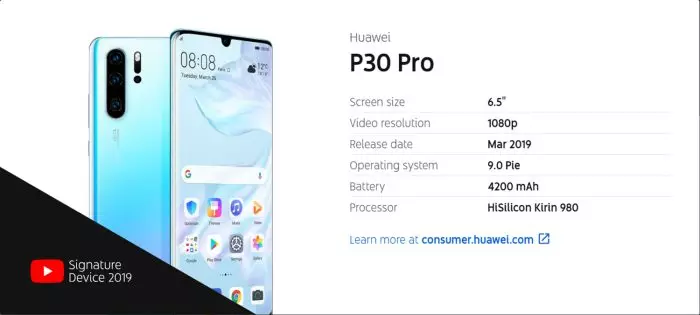 Huawei P30 Pro YouTube Siyati enfòmasyon sou aparèy