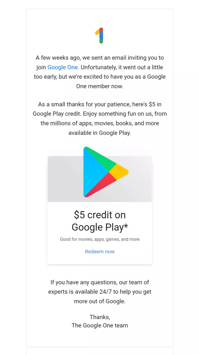 Disa përdorues të Google One marrin bonus prej 5 dollarësh në kredite të Play 56460_2