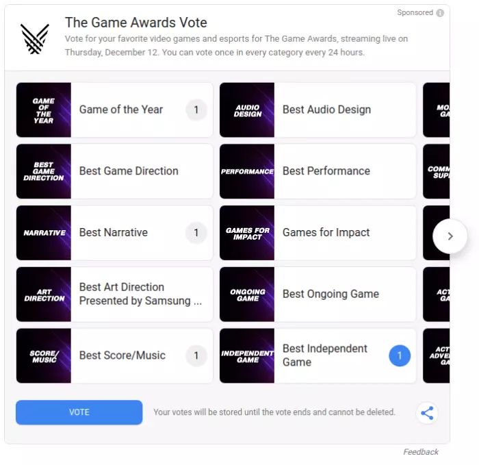 Mae Google yn partneru â 'The Game Awards' ar gyfer pleidleisio Chwilio 6525_2