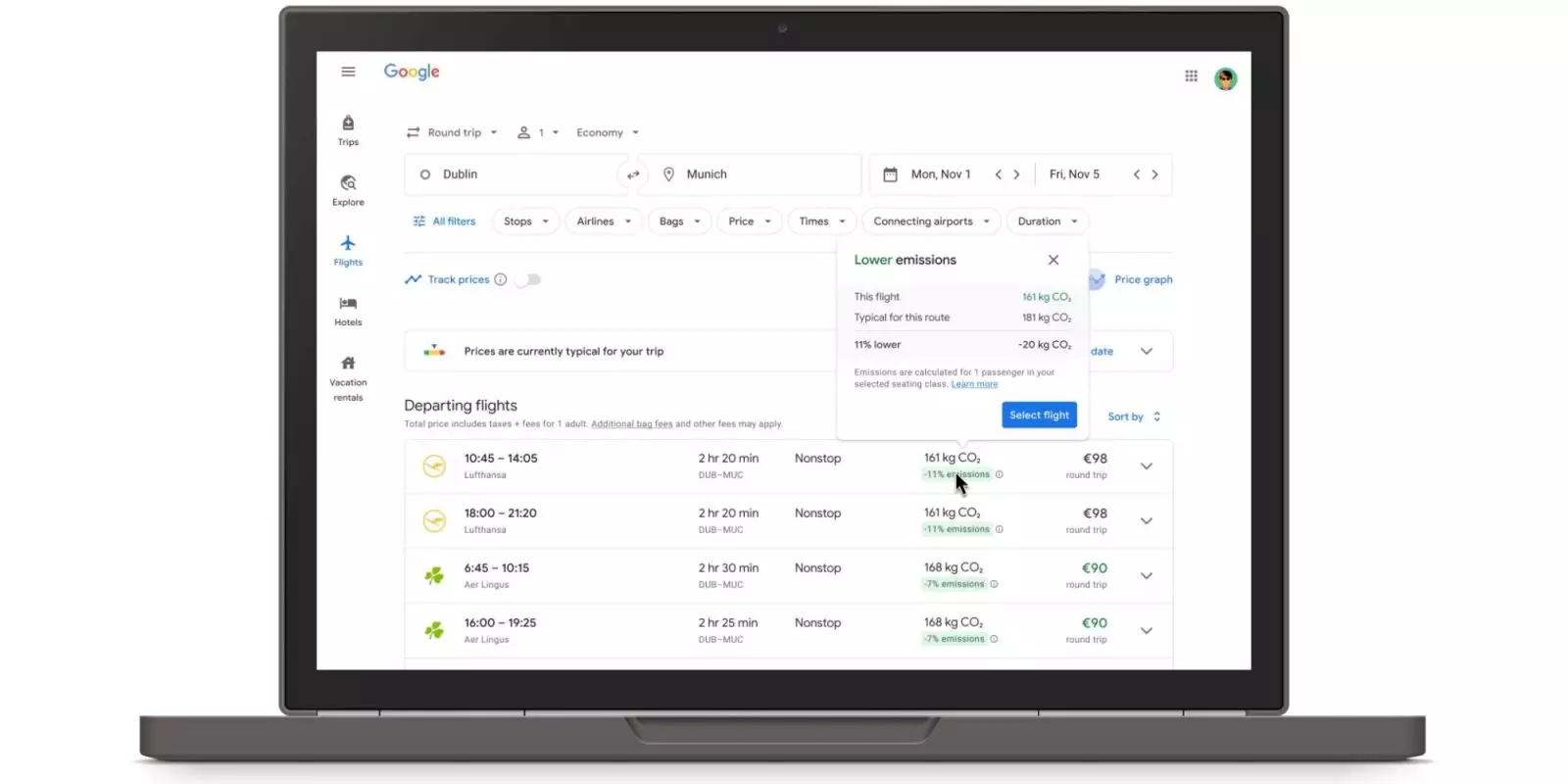 Google Flights tani ju lejon të shihni emetimet e vlerësuara të karbonit për udhëtimet e planifikuara 7977_1