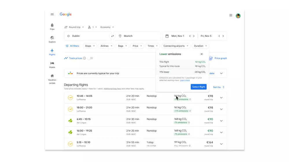 Google Flights tani ju lejon të shihni emetimet e vlerësuara të karbonit për udhëtimet e planifikuara 7977_2