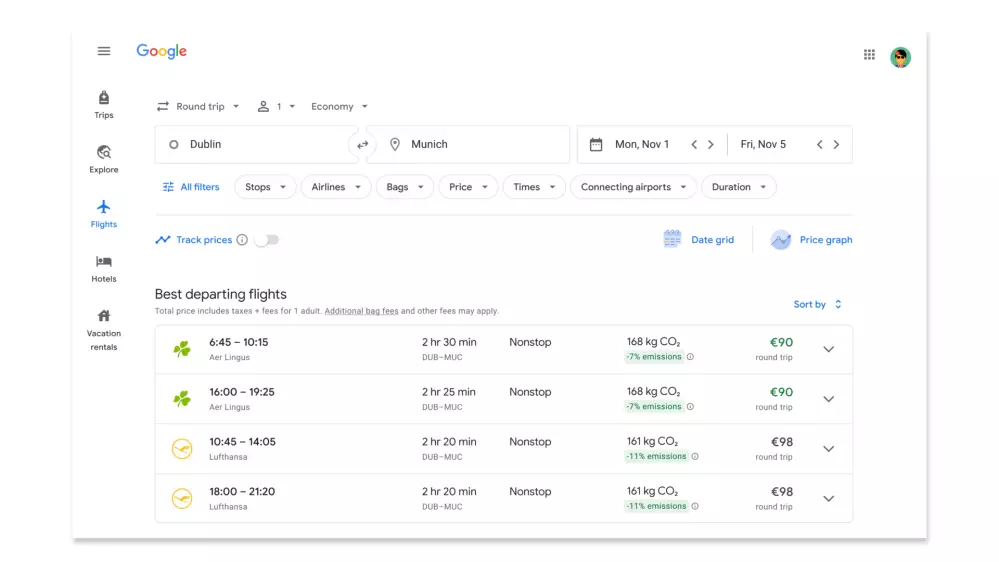 Google Flights tani ju lejon të shihni emetimet e vlerësuara të karbonit për udhëtimet e planifikuara 7977_3