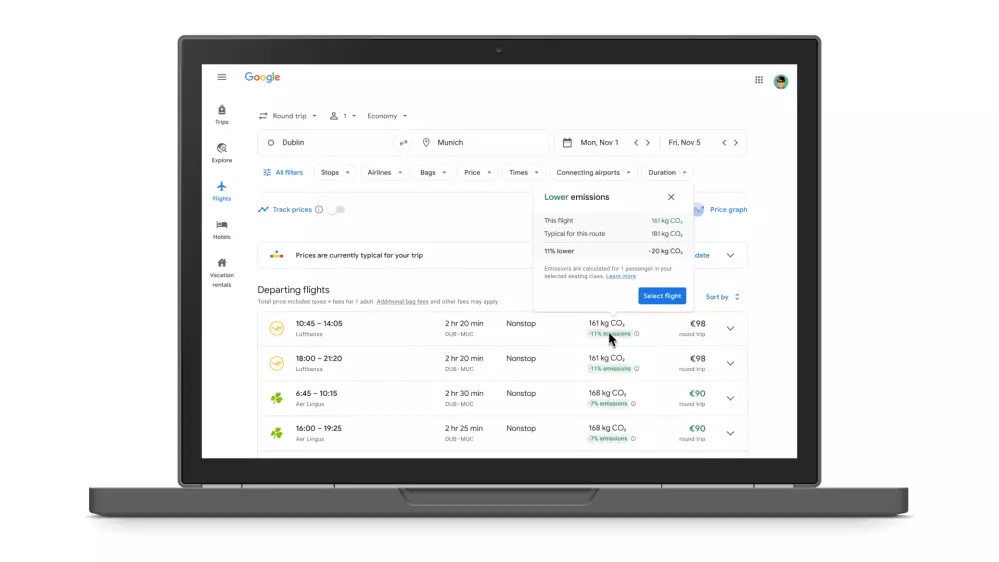 Google Flights tani ju lejon të shihni emetimet e vlerësuara të karbonit për udhëtimet e planifikuara 7977_4